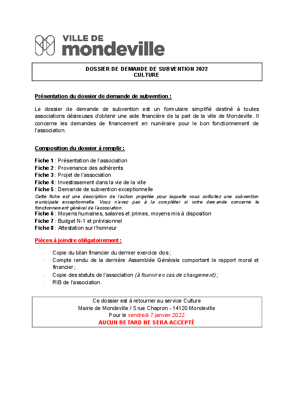Dossier de demande de subventions - Ville de Mondeville